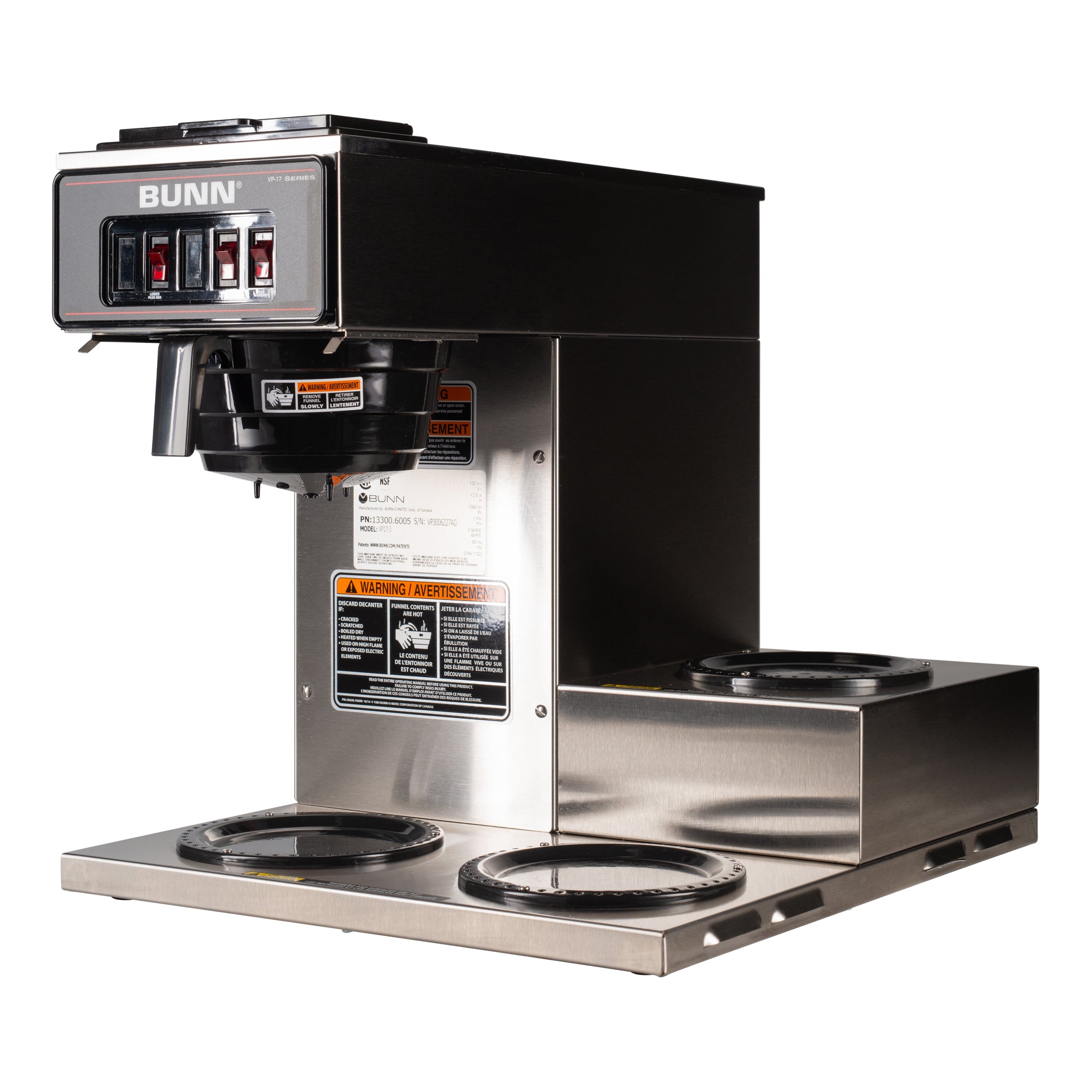 BUNN VP17-3 Low Profile Coffee Brewer w 3 Lower Warmers, 12 Cup, Stain ...