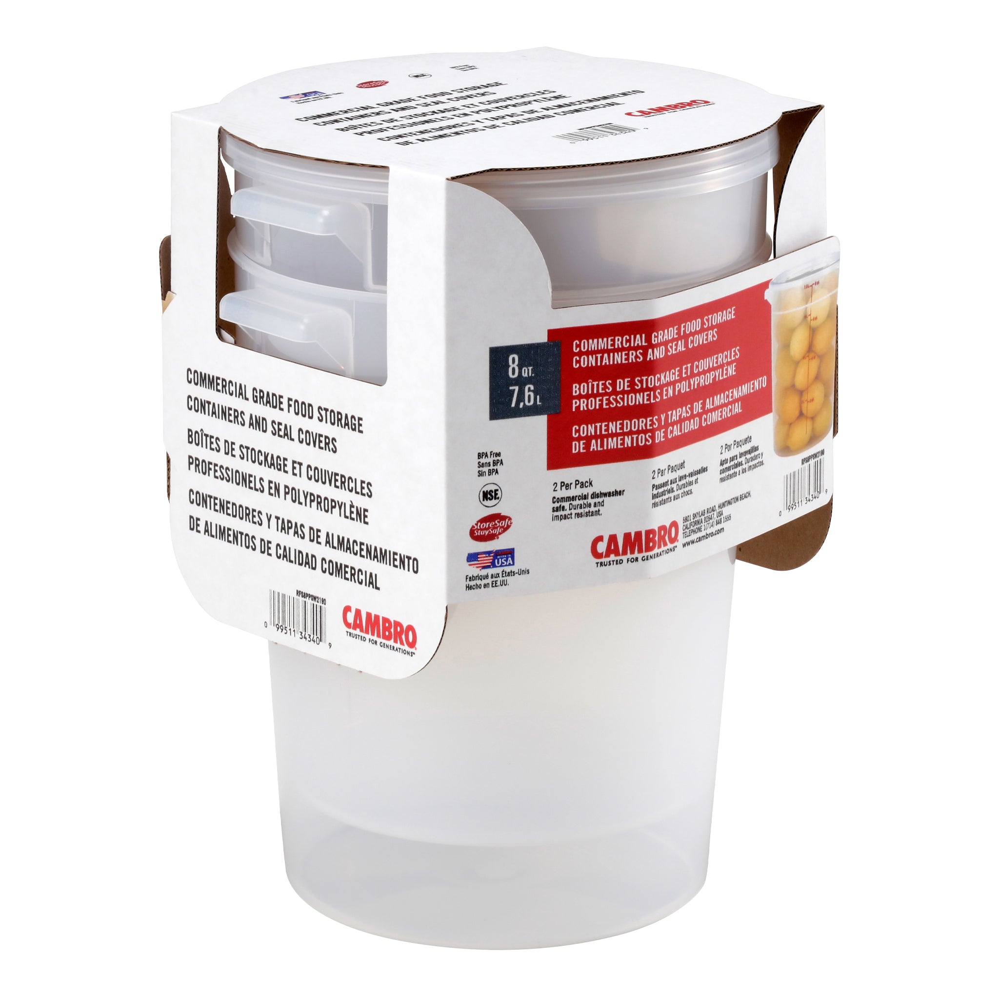 Cambro Translucent Round Food Storage Containers and Lids Set, 8 qt (2 ...